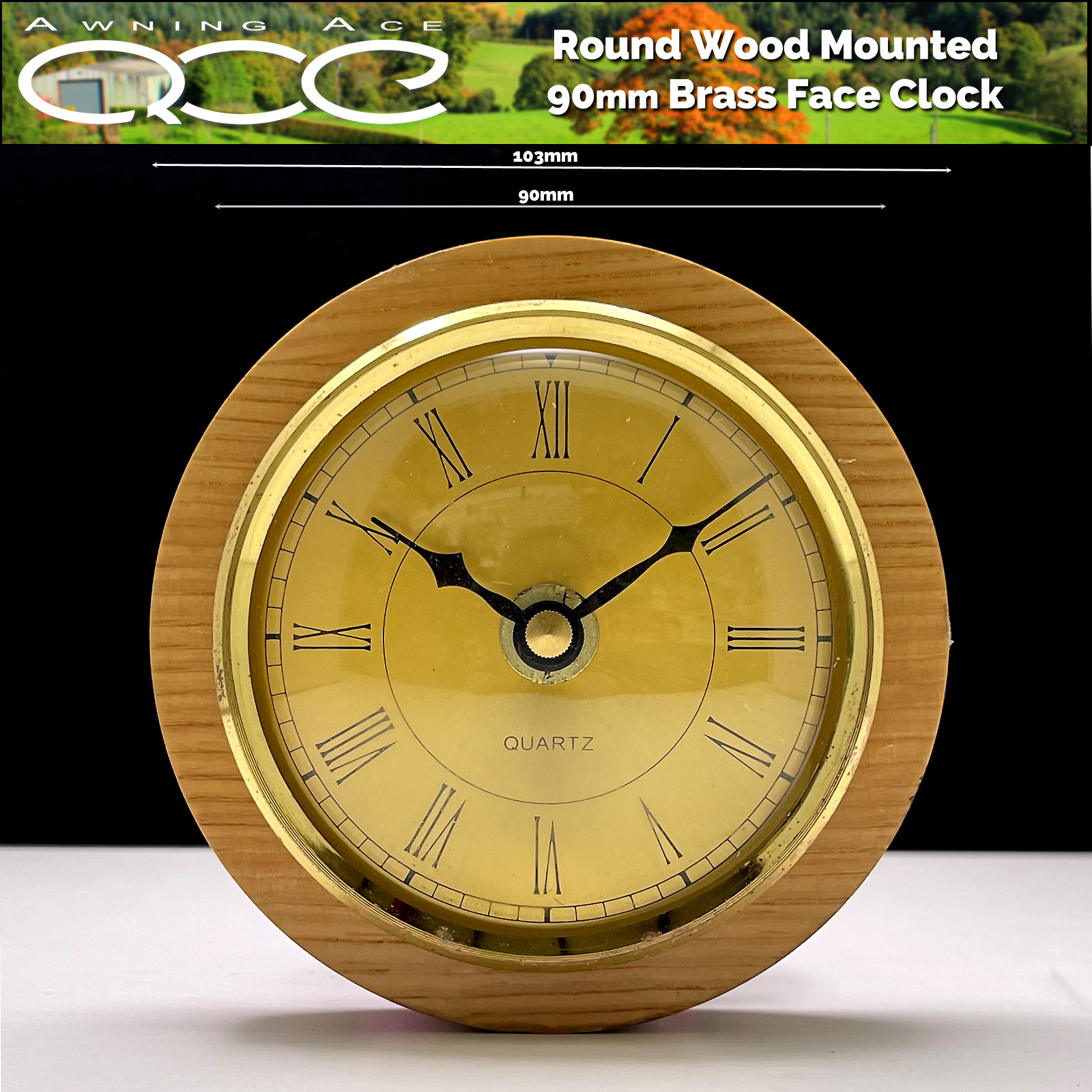 Caravan Clock Round 90mm Brass Face Wood Mounted - awningace.com