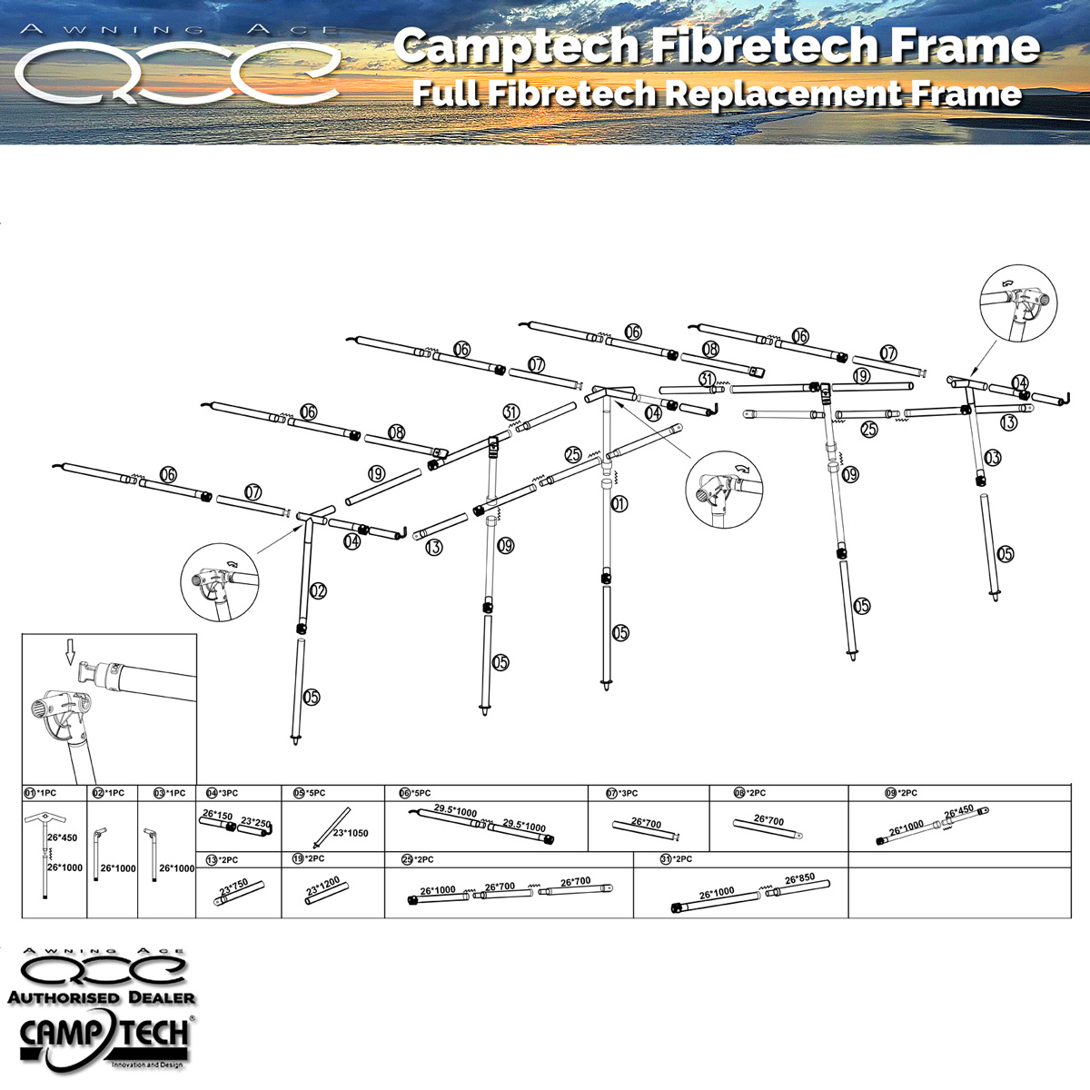 Camptech Awning Fibretech Frame Complete (Frame Only) - awningace.com