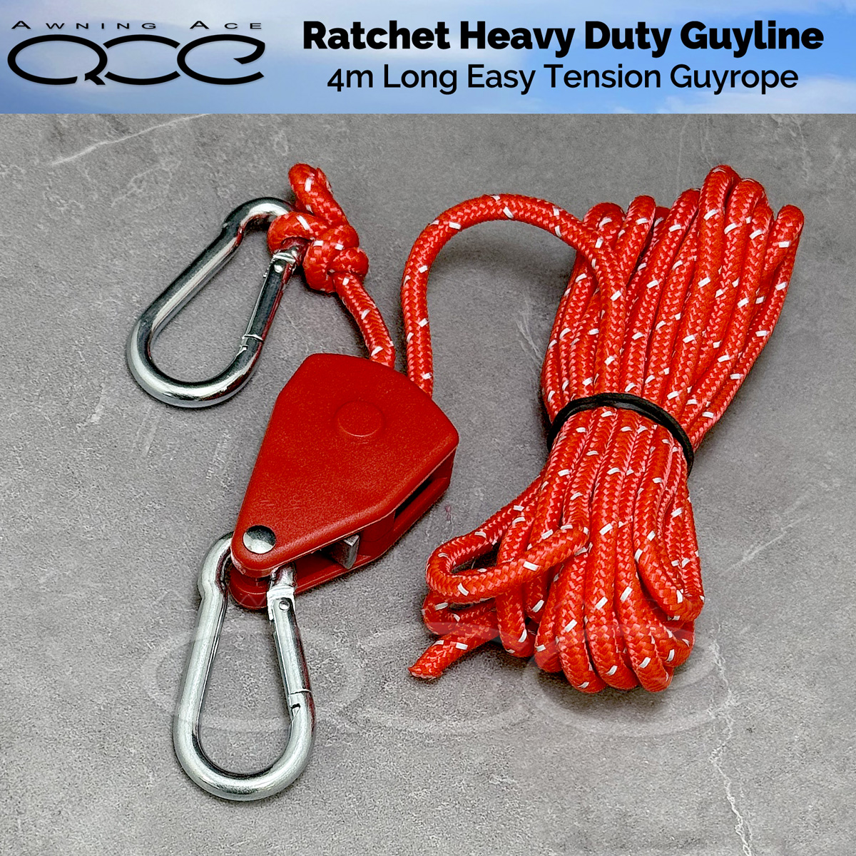 Heavy Duty Red Ratchet Tension Guy Ropes (Twin Pack) - awningace.com